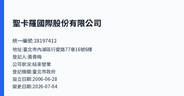 聖卡羅國際股份有限公司的照片-統編 28197412(臺北市) 公司登記資料與營業項目詳細圖表