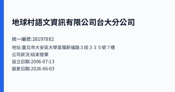 地球村語文資訊有限公司台大分公司的照片-統編 28197882(臺北市) 公司登記資料與營業項目詳細圖表