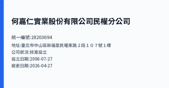 何嘉仁實業股份有限公司民權分公司的照片-統編 28203694(臺北市) 公司登記資料與營業項目詳細圖表