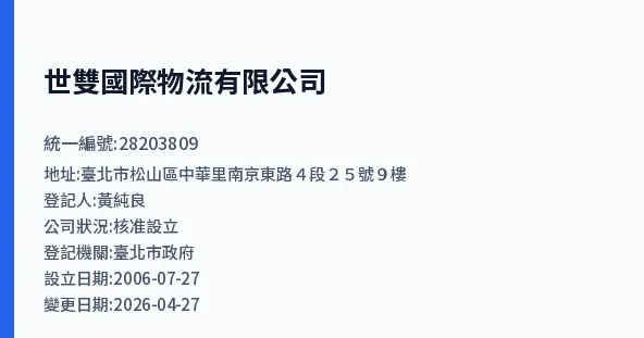 世雙國際物流有限公司的照片-統編 28203809(臺北市) 公司登記資料與營業項目詳細圖表