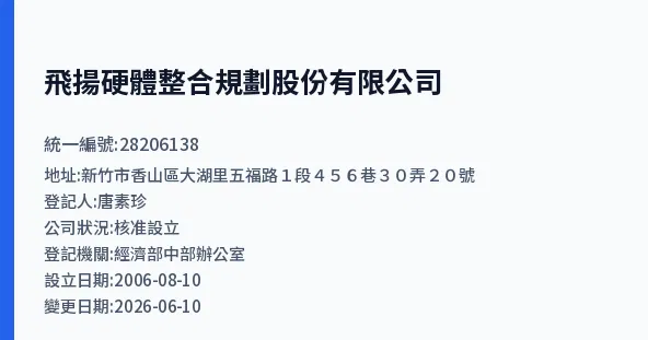 飛揚硬體整合規劃股份有限公司的照片-統編 28206138(新竹市) 公司登記資料與營業項目詳細圖表