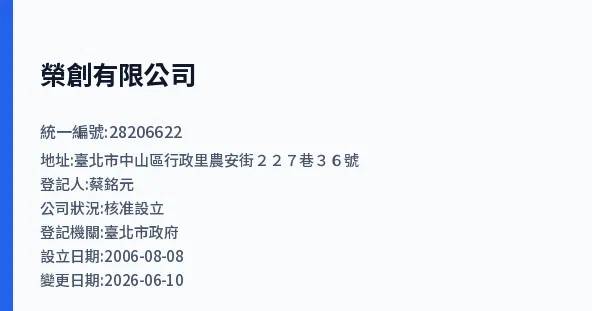 榮創有限公司的照片-統編 28206622(臺北市) 公司登記資料與營業項目詳細圖表