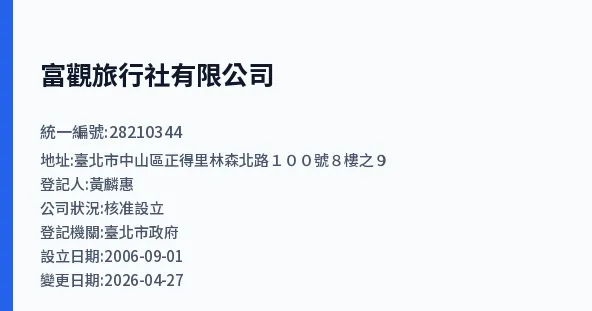 富觀旅行社有限公司的照片-統編 28210344(臺北市) 公司登記資料與營業項目詳細圖表