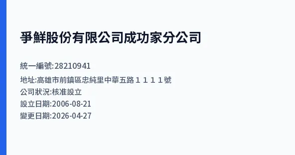 爭鮮股份有限公司成功家分公司的照片-統編 28210941(高雄市) 公司登記資料與營業項目詳細圖表