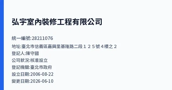 弘宇室內裝修工程有限公司的照片-統編 28211076(臺北市) 公司登記資料與營業項目詳細圖表