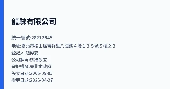 龍騋有限公司的照片-統編 28212645(臺北市) 公司登記資料與營業項目詳細圖表