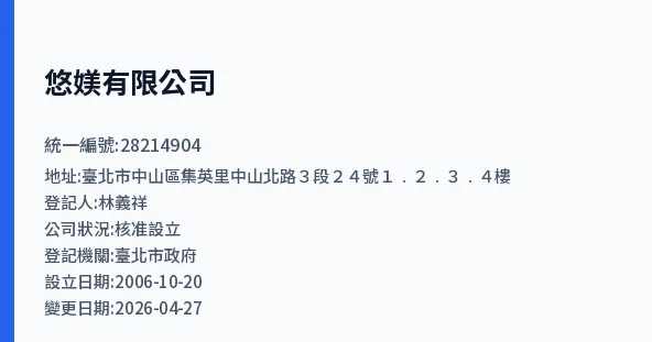 悠媄有限公司的照片-統編 28214904(臺北市) 公司登記資料與營業項目詳細圖表