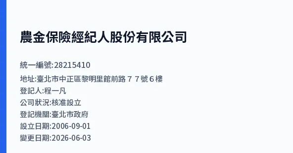 農金保險經紀人股份有限公司的照片-統編 28215410(臺北市) 公司登記資料與營業項目詳細圖表