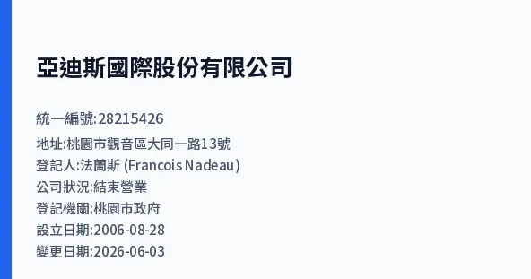 亞迪斯國際股份有限公司的照片-統編 28215426(桃園市) 公司登記資料與營業項目詳細圖表