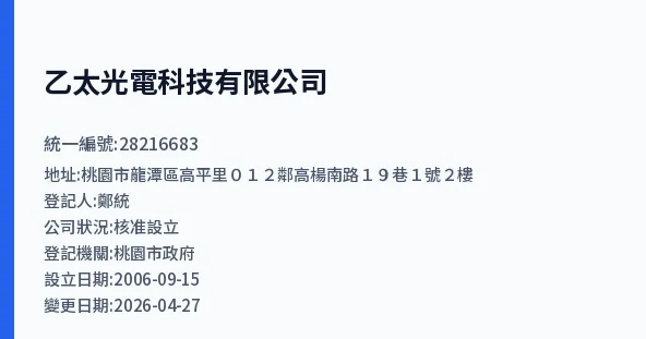 乙太光電科技有限公司的照片-統編 28216683(桃園市) 公司登記資料與營業項目詳細圖表