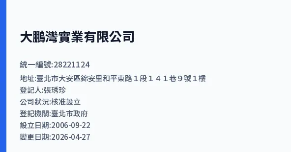 大鵬灣實業有限公司的照片-統編 28221124(臺北市) 公司登記資料與營業項目詳細圖表