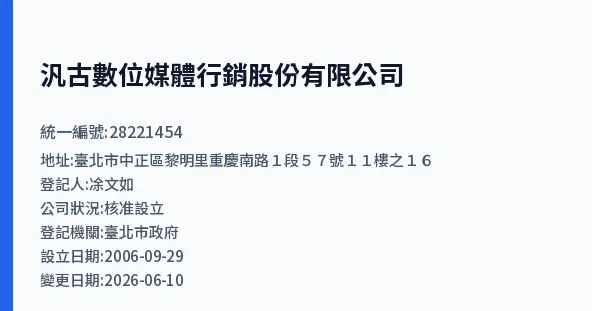 汎古數位媒體行銷股份有限公司的照片-統編 28221454(臺北市) 公司登記資料與營業項目詳細圖表