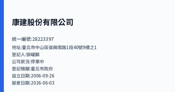 康建股份有限公司的照片-統編 28223397(臺北市) 公司登記資料與營業項目詳細圖表