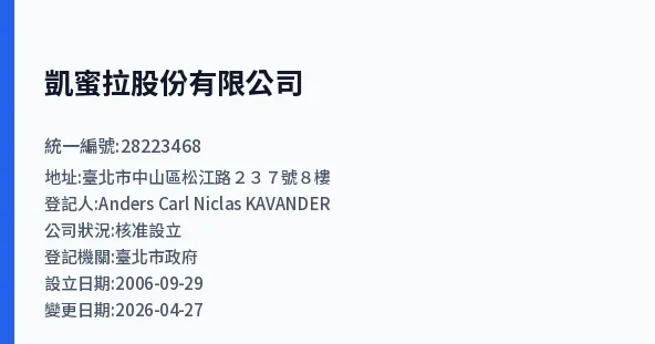 凱蜜拉股份有限公司的照片-統編 28223468(臺北市) 公司登記資料與營業項目詳細圖表