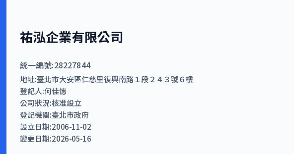 祐泓企業有限公司的照片-統編 28227844(臺北市) 公司登記資料與營業項目詳細圖表