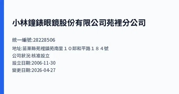 小林鐘錶眼鏡股份有限公司苑裡分公司的照片-統編 28228506(苗栗縣) 公司登記資料與營業項目詳細圖表