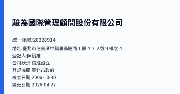 駿為國際管理顧問股份有限公司的照片-統編 28228914(臺北市) 公司登記資料與營業項目詳細圖表
