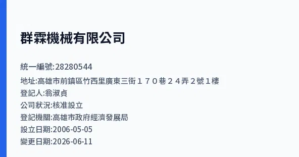 群霖機械有限公司的照片-統編 28280544(高雄市) 公司登記資料與營業項目詳細圖表