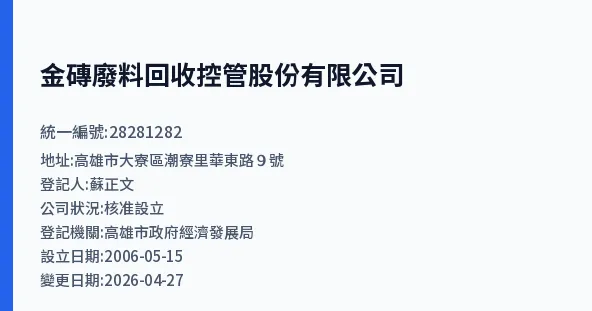 金磚廢料回收控管股份有限公司的照片-統編 28281282(高雄市) 公司登記資料與營業項目詳細圖表