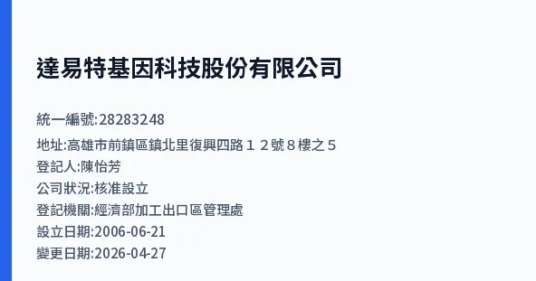 達易特基因科技股份有限公司的照片-統編 28283248(高雄市) 公司登記資料與營業項目詳細圖表