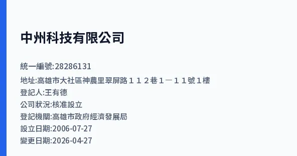 中州科技有限公司的照片-統編 28286131(高雄市) 公司登記資料與營業項目詳細圖表