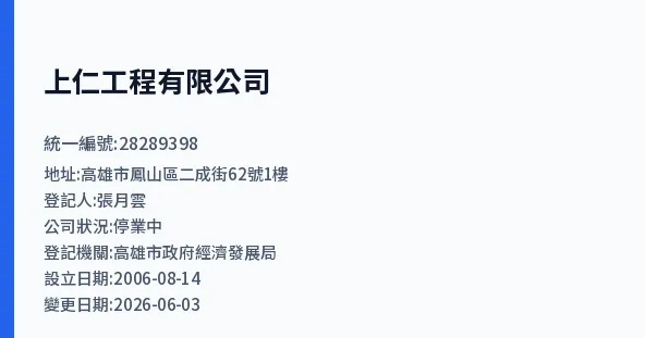 上仁工程有限公司的照片-統編 28289398(高雄市) 公司登記資料與營業項目詳細圖表