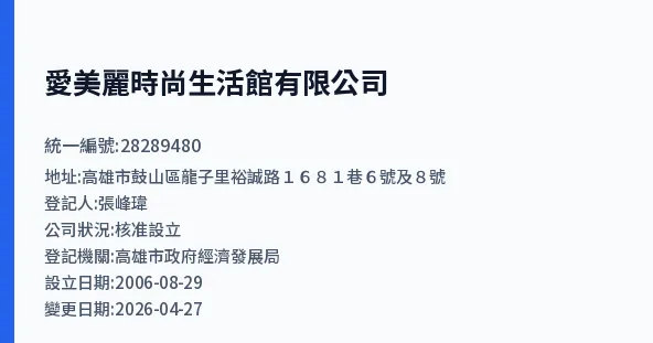 愛美麗時尚生活館有限公司的照片-統編 28289480(高雄市) 公司登記資料與營業項目詳細圖表