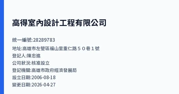 高得室內設計工程有限公司的照片-統編 28289783(高雄市) 公司登記資料與營業項目詳細圖表