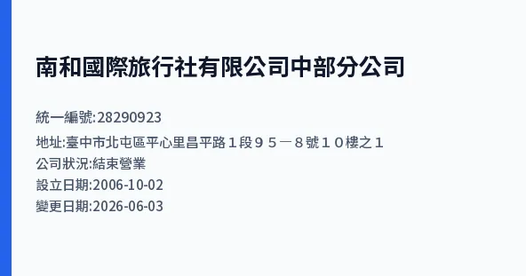 南和國際旅行社有限公司中部分公司的照片-統編 28290923(臺中市) 公司登記資料與營業項目詳細圖表