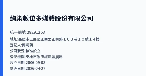 絢染數位多媒體股份有限公司的照片-統編 28291253(高雄市) 公司登記資料與營業項目詳細圖表