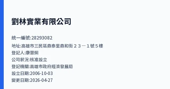 劉林實業有限公司的照片-統編 28293082(高雄市) 公司登記資料與營業項目詳細圖表