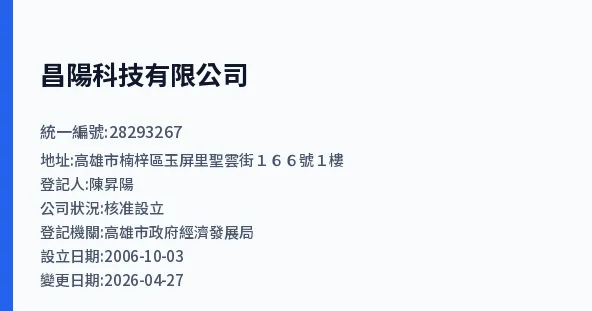 昌陽科技有限公司的照片-統編 28293267(高雄市) 公司登記資料與營業項目詳細圖表