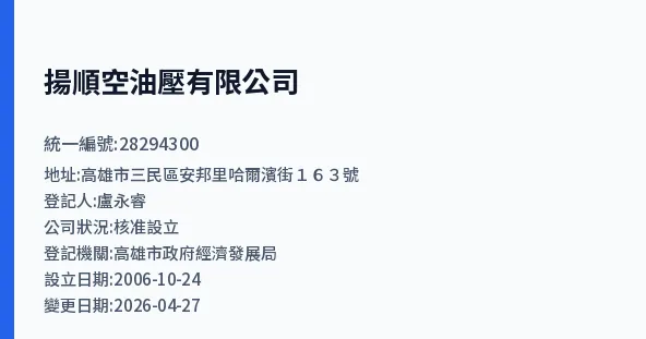 揚順空油壓有限公司的照片-統編 28294300(高雄市) 公司登記資料與營業項目詳細圖表