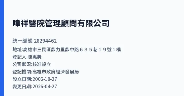 暐祥醫院管理顧問有限公司的照片-統編 28294462(高雄市) 公司登記資料與營業項目詳細圖表