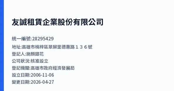 友誠租賃企業股份有限公司的照片-統編 28295429(高雄市) 公司登記資料與營業項目詳細圖表