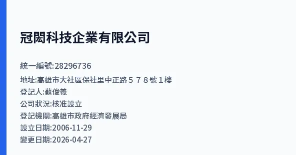 冠閎科技企業有限公司的照片-統編 28296736(高雄市) 公司登記資料與營業項目詳細圖表