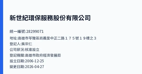 新世紀環保服務股份有限公司的照片-統編 28299071(高雄市) 公司登記資料與營業項目詳細圖表