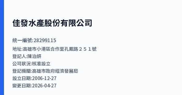 佳發水產股份有限公司的照片-統編 28299115(高雄市) 公司登記資料與營業項目詳細圖表
