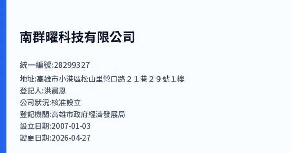 南群曜科技有限公司的照片-統編 28299327(高雄市) 公司登記資料與營業項目詳細圖表