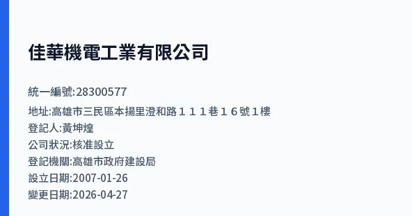 佳華機電工業有限公司的照片-統編 28300577(高雄市) 公司登記資料與營業項目詳細圖表