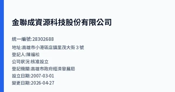 金聯成資源科技股份有限公司的照片-統編 28302688(高雄市) 公司登記資料與營業項目詳細圖表