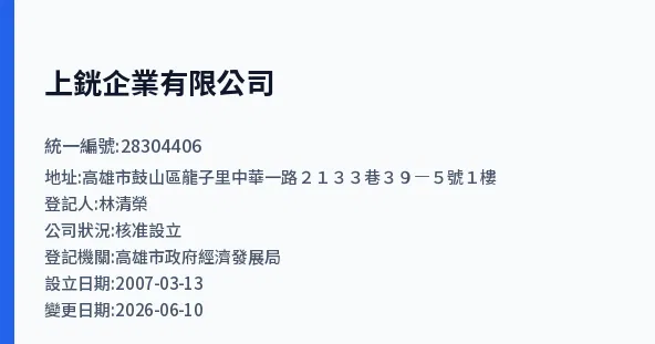上銧企業有限公司的照片-統編 28304406(高雄市) 公司登記資料與營業項目詳細圖表