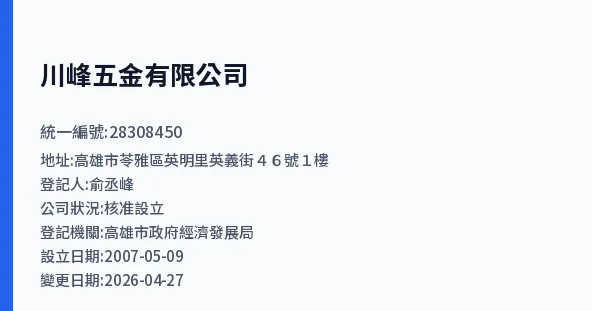 川峰五金有限公司的照片-統編 28308450(高雄市) 公司登記資料與營業項目詳細圖表