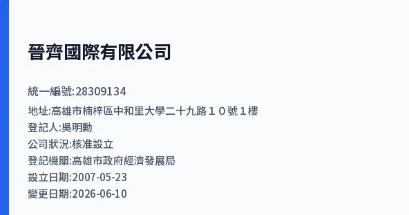 晉齊國際有限公司的照片-統編 28309134(高雄市) 公司登記資料與營業項目詳細圖表