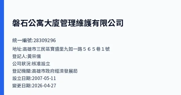 磐石公寓大廈管理維護有限公司的照片-統編 28309296(高雄市) 公司登記資料與營業項目詳細圖表
