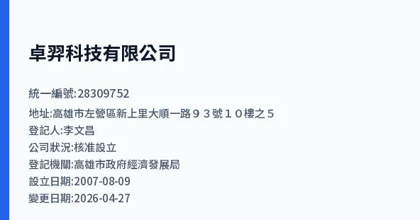 卓羿科技有限公司的照片-統編 28309752(高雄市) 公司登記資料與營業項目詳細圖表