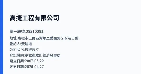 高捷工程有限公司的照片-統編 28310081(高雄市) 公司登記資料與營業項目詳細圖表