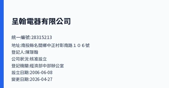 呈翰電器有限公司的照片-統編 28315213(南投縣) 公司登記資料與營業項目詳細圖表