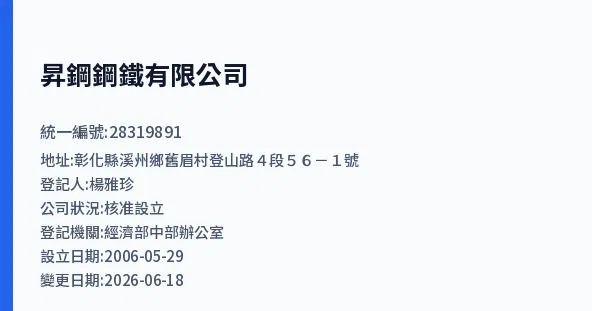 昇鋼鋼鐵有限公司的照片-統編 28319891(彰化縣) 公司登記資料與營業項目詳細圖表