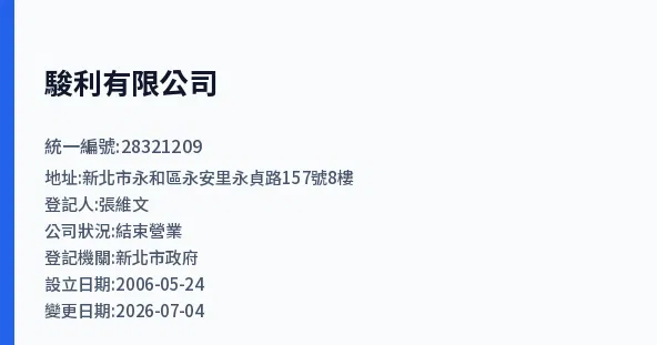 駿利有限公司的照片-統編 28321209(新北市) 公司登記資料與營業項目詳細圖表